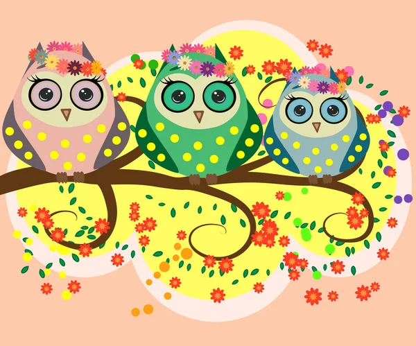 Cute owls on branch in flowers. Spring concept background. Bright ...
