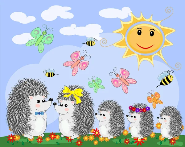 Lovely cartoon hedgehog near a seven-colored rainbow and a ladybird on ...