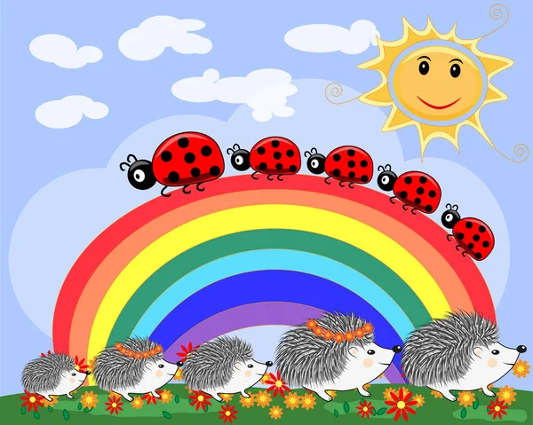 Lovely cartoon hedgehog near a seven-colored rainbow and a ladybird on ...