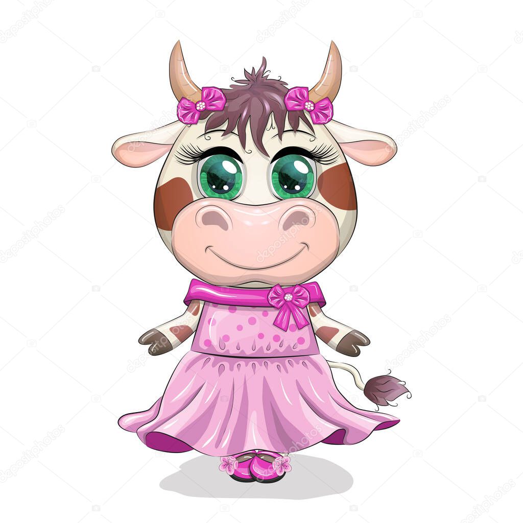Linda chica de dibujos animados vaca con hermosos ojos en un vestido ...