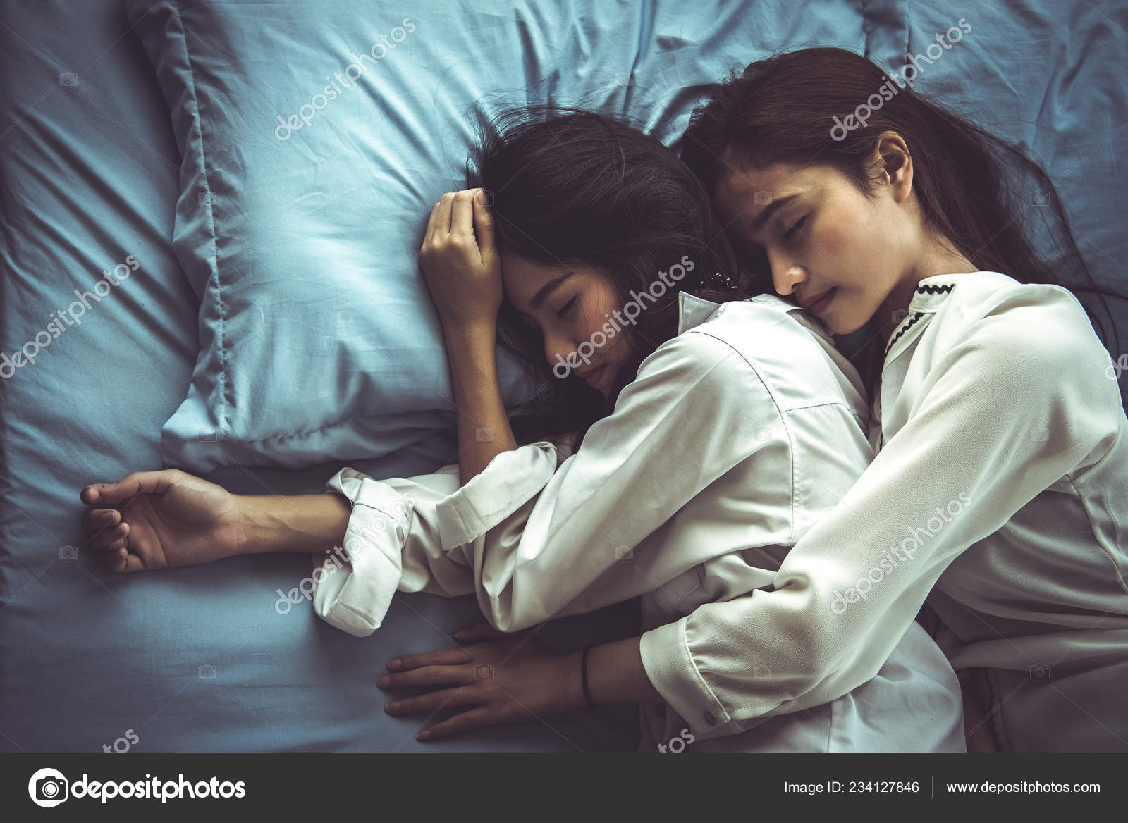 Top View Two Asian Women Sleeping Bed Together Lesbian Lovers Stock