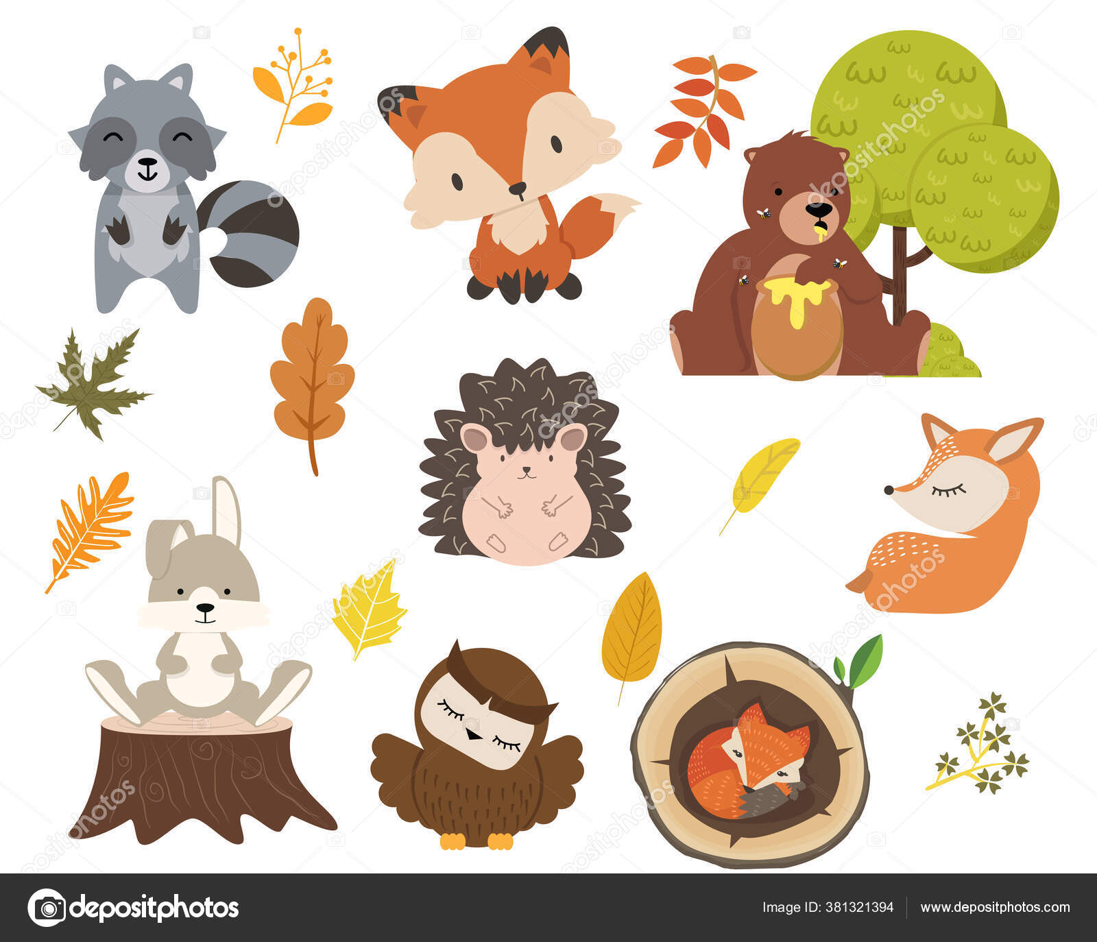 Zeichentrick Waldtiere Fuchs, Hirsch, Hase, Eule. Aquarelle.