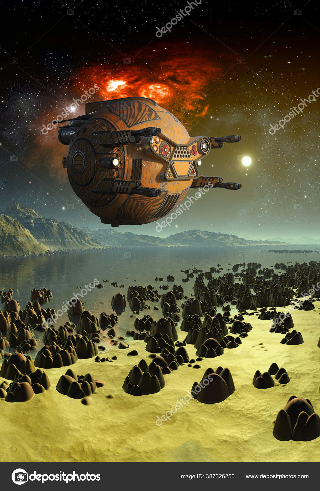 Rendered Fantasy Drone Flying Alien Landscape Illustration — Stock ...