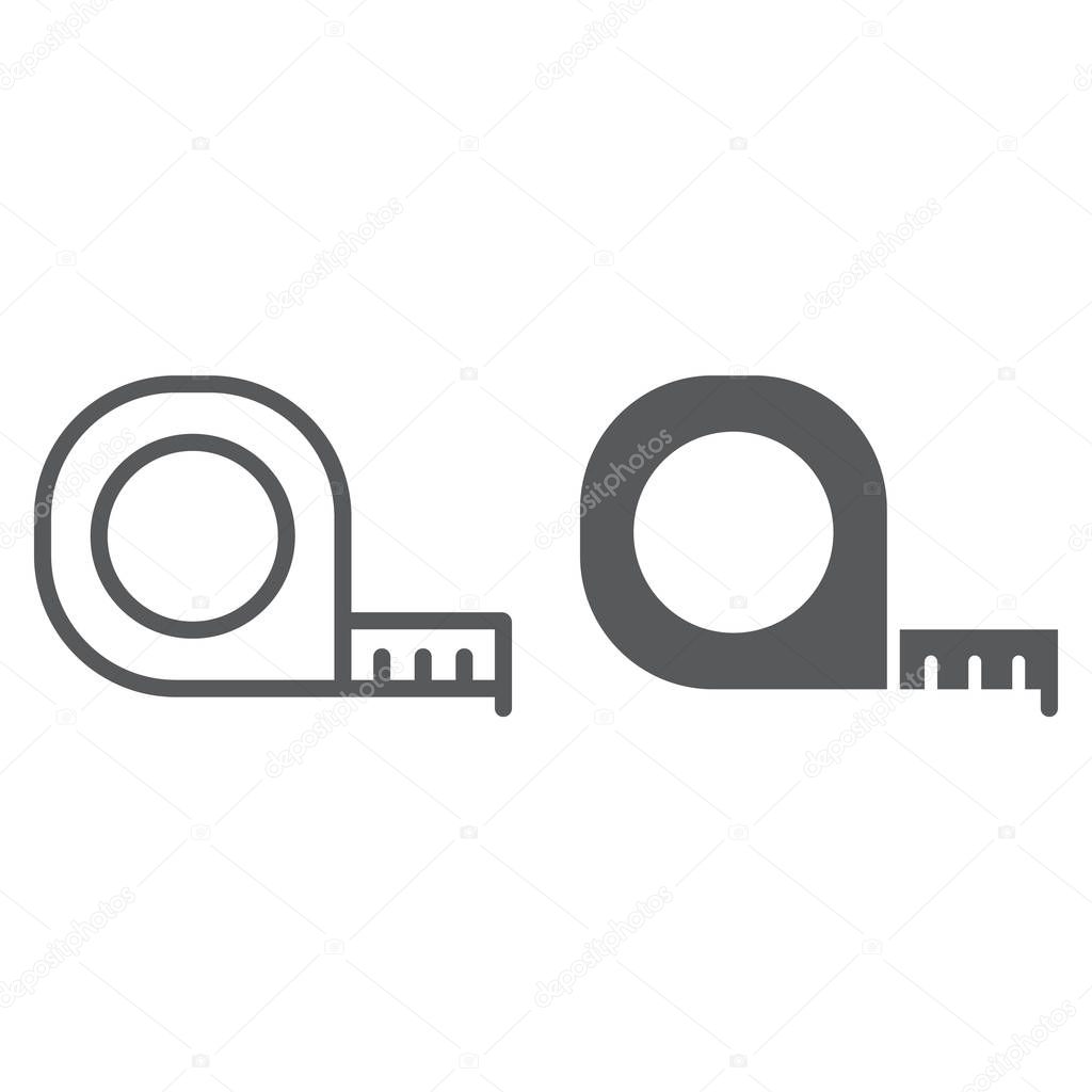Línea de medida de cinta e icono de glifo, herramienta y regla, signo ...
