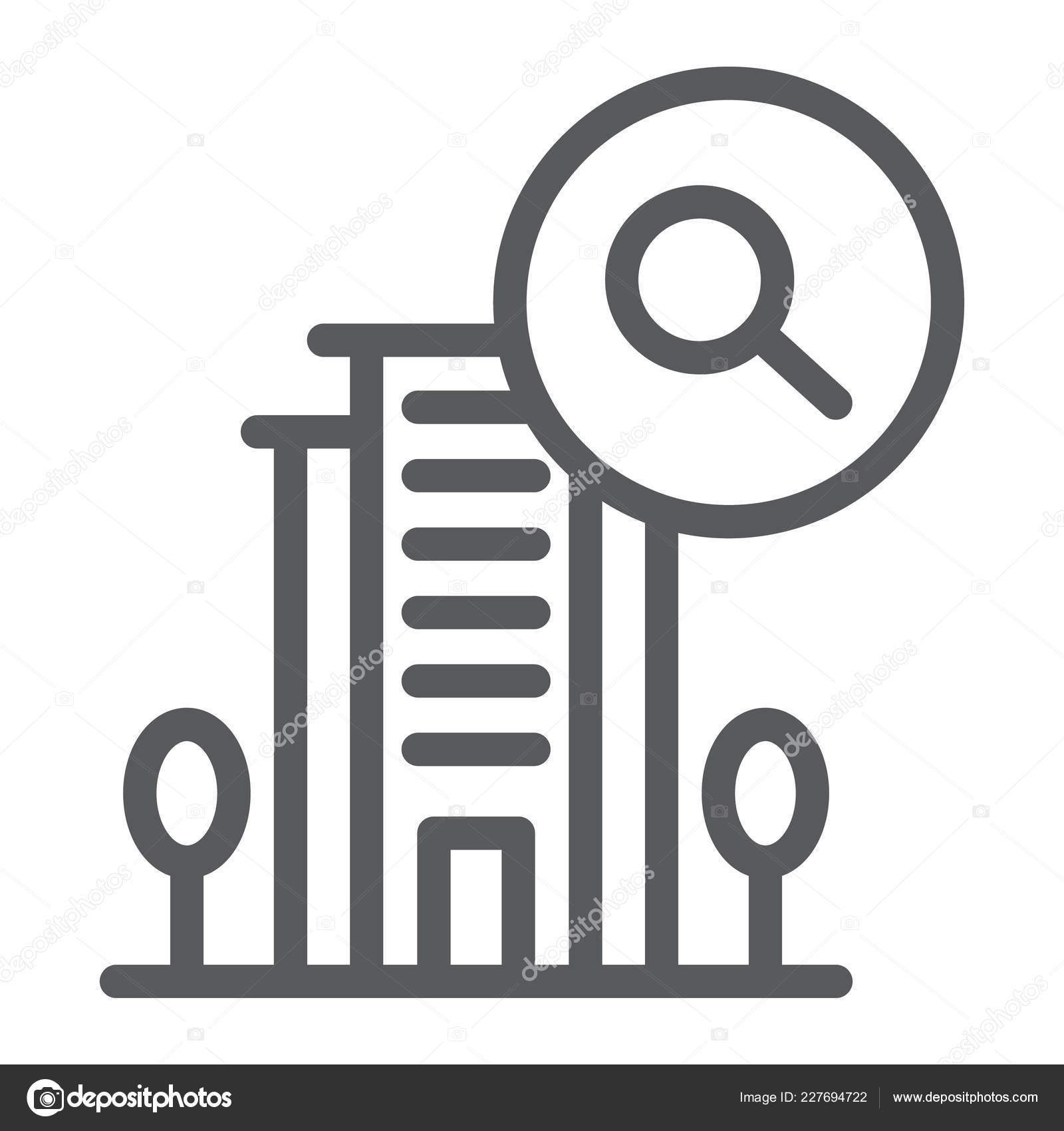 Booking line icon, hotel and search, hotel and magnifying glass sign ...