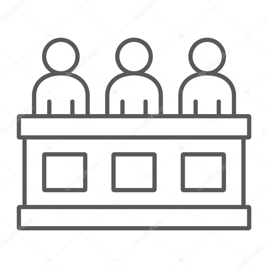 Icono de l nea delgada del jurado, corte y ley, signo de tribunal, gr ficos vectoriales, un patr ...
