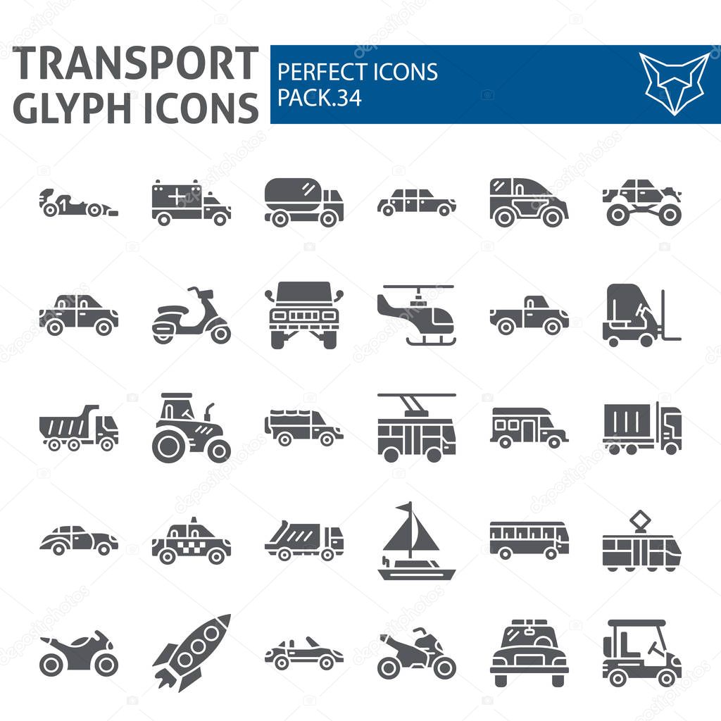 Conjunto de iconos de glifo de transporte, colección de símbolos de ...
