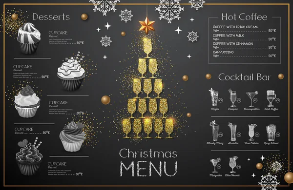 Dise o de men navide o con copas de champ n dorado. Men del restaurante. Pir mide de copas de ...