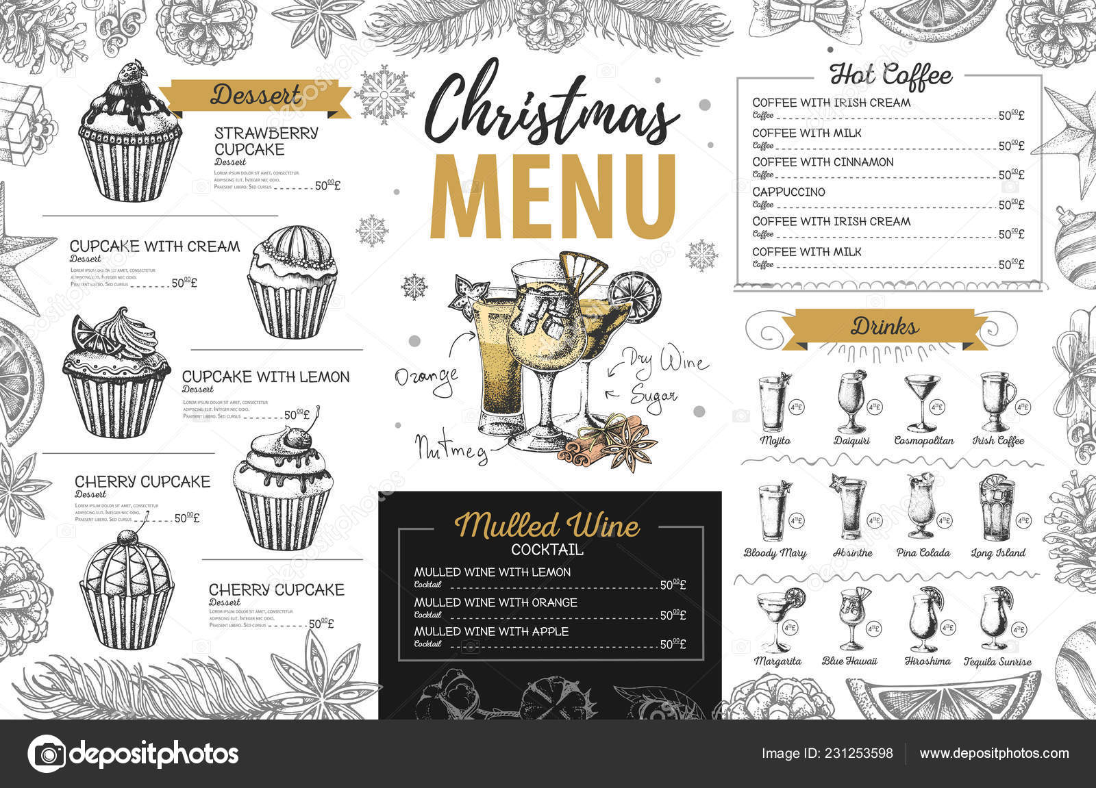 Desenho Mão Natal Design Menu Férias Menu Restaurante Vetor de ...