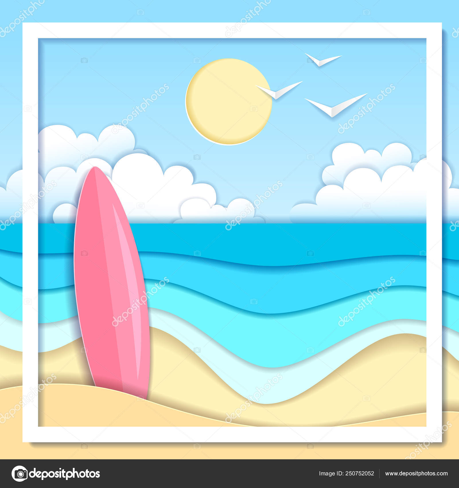 Sea or ocean landscape, sea beach cut out paper art style design Stock ...