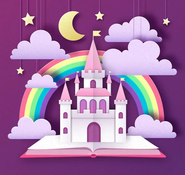 Open fairy tale book with castle and clouds, stars and moon. Cut out ...