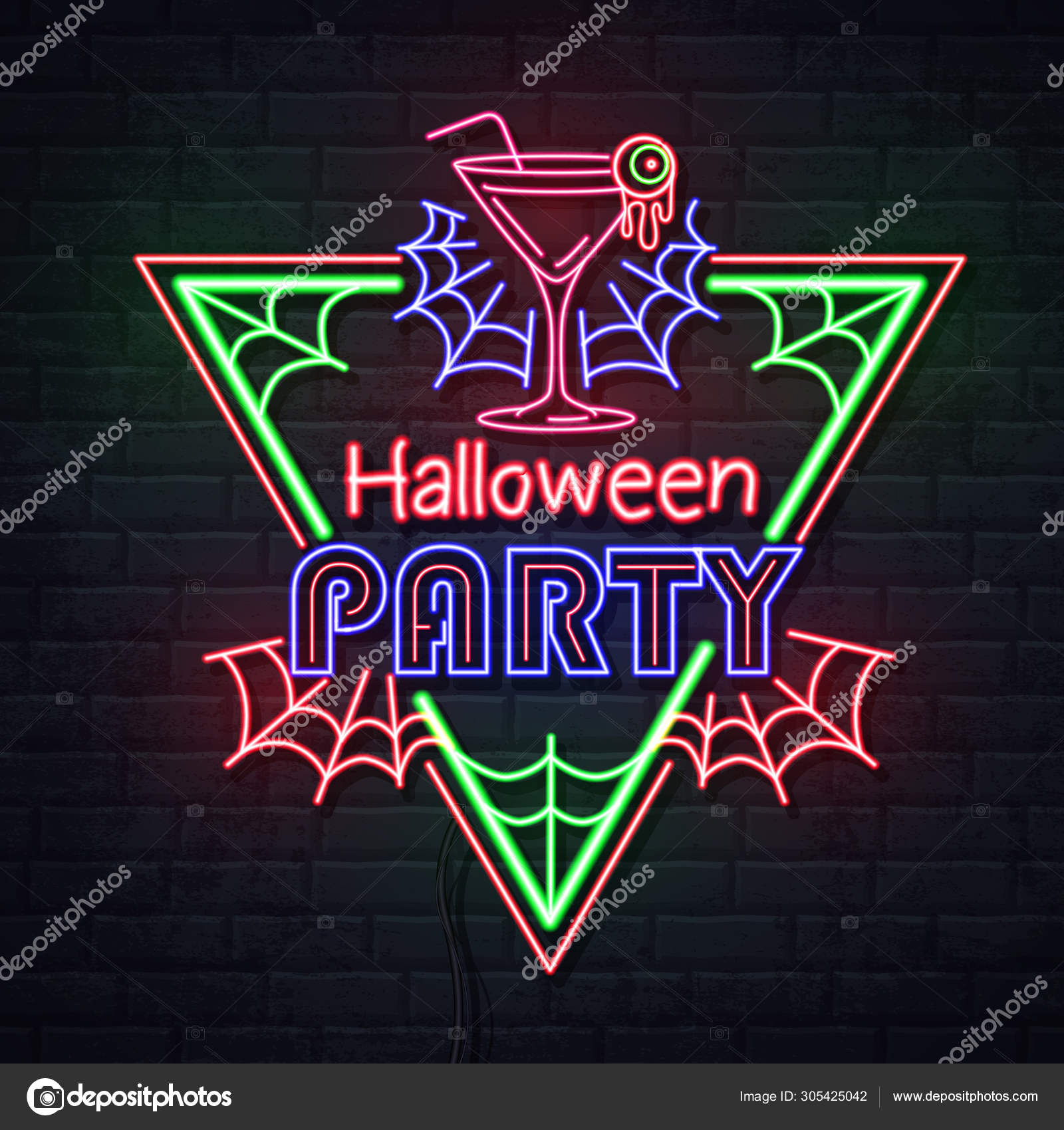 Neon sign halloween party with cocktail and fluorescent spider web ...