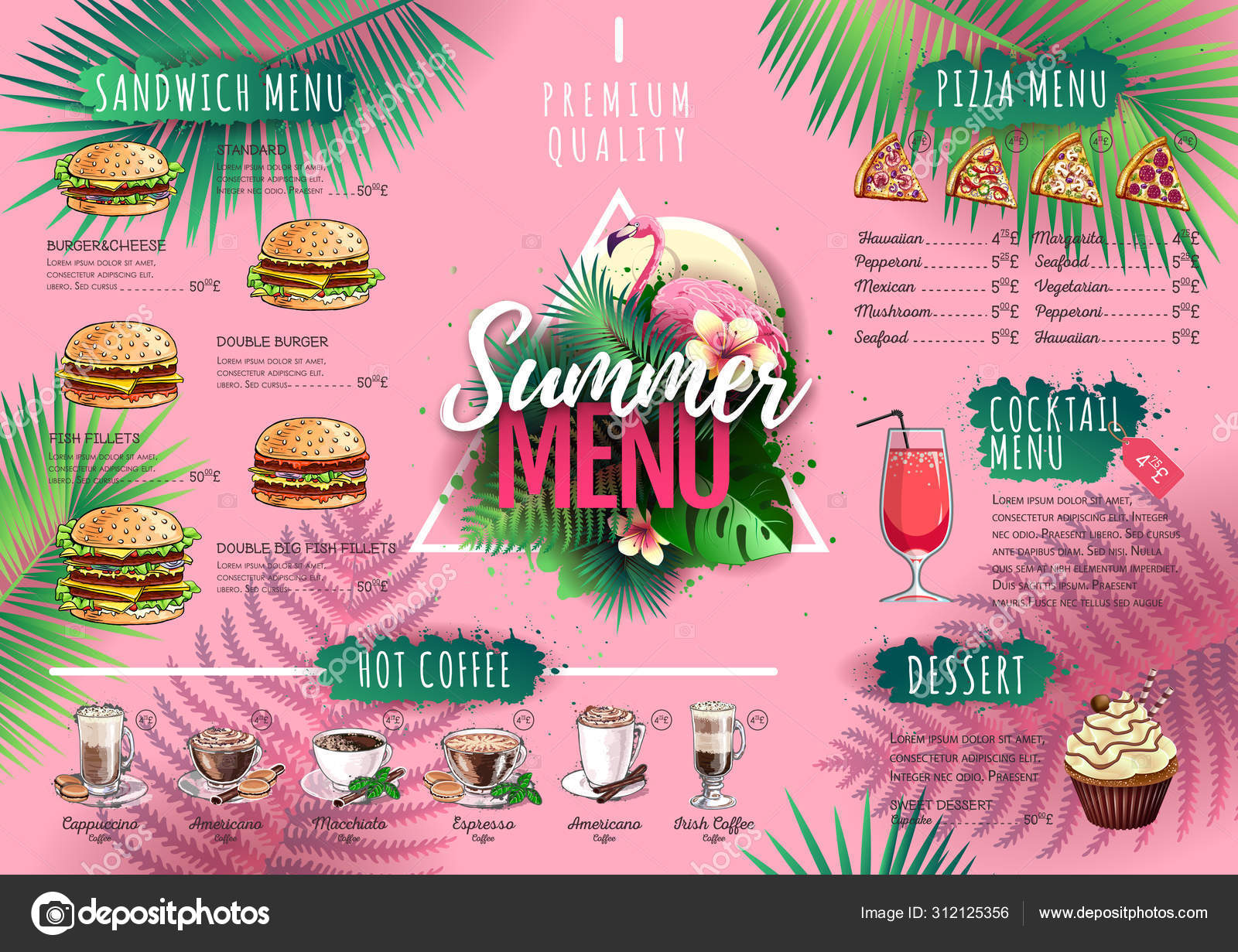 Summer menu design with flamingo and tropic leaves. Restaurant menu ...
