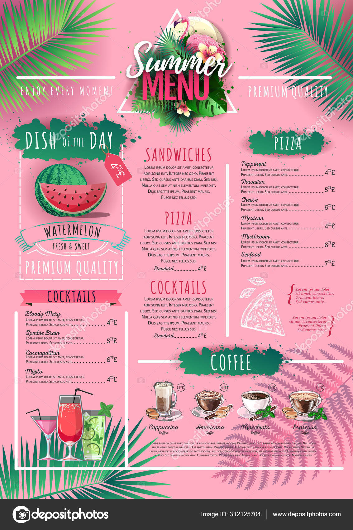 Summer menu design with flamingo and tropic leaves. Restaurant menu ...