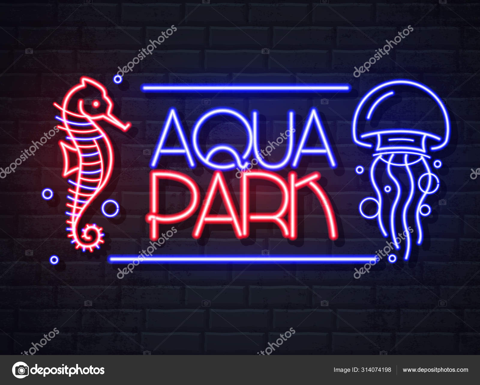 Neon sign aqua park with sea hourse and jellyfish. Vintage electric ...