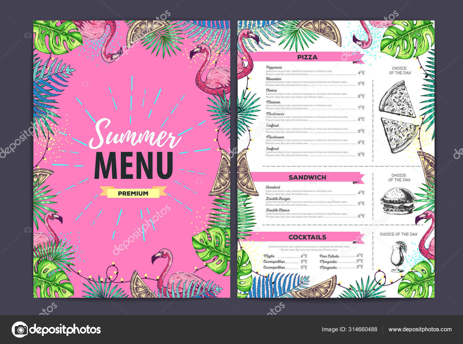 Restaurant summer menu design with tropic leaves and flamingo. Fast ...