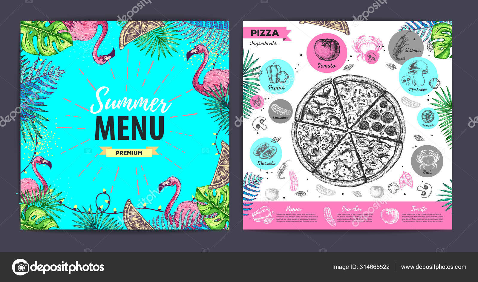 Restaurant Sommermenü-Design mit tropischen Blättern und Flamingo. Fast ...