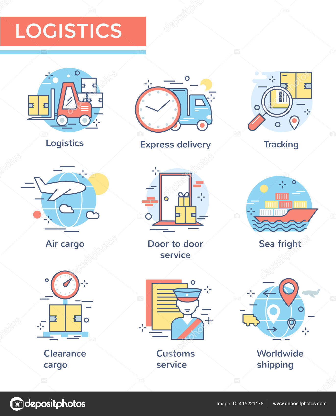 Iconos Concepto Logística Línea Delgada Diseño Plano Vector de stock ...