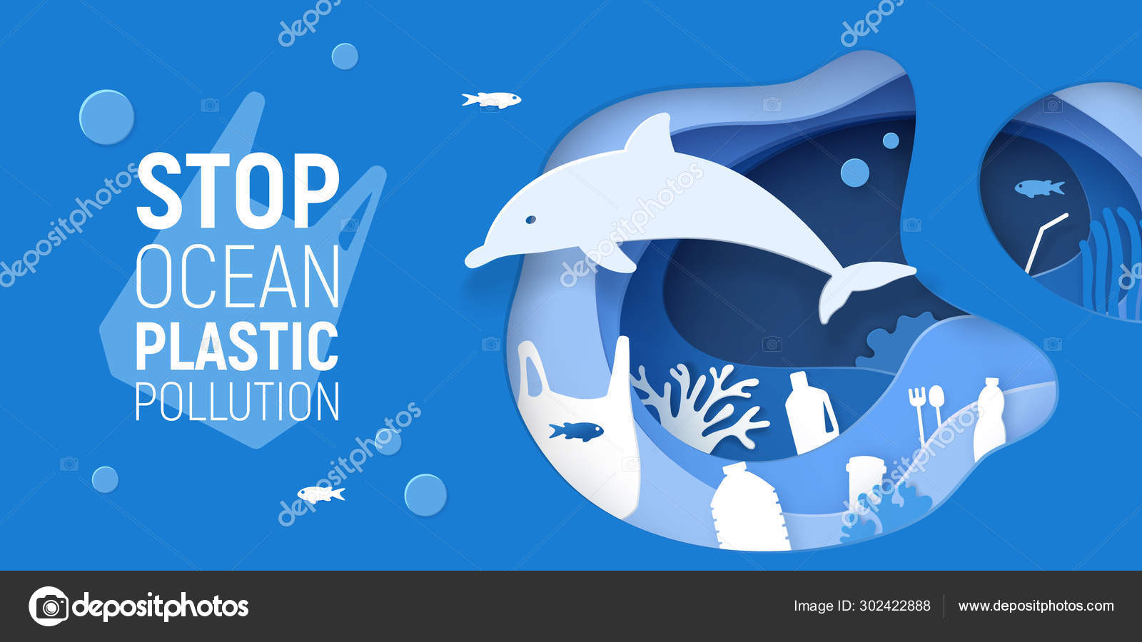 Ocean Plastic Pollution. Paper cut underwater background with plastic ...