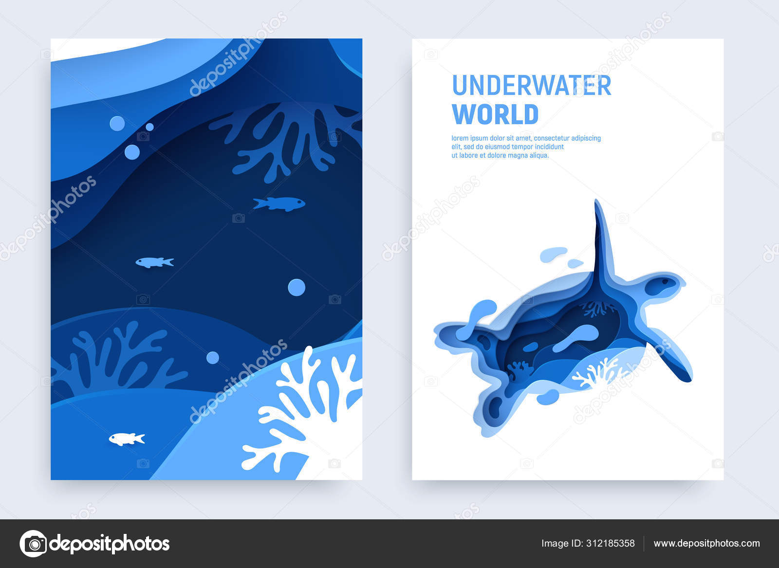 Underwater ocean paper art banner set. Paper cut underwater banner set ...