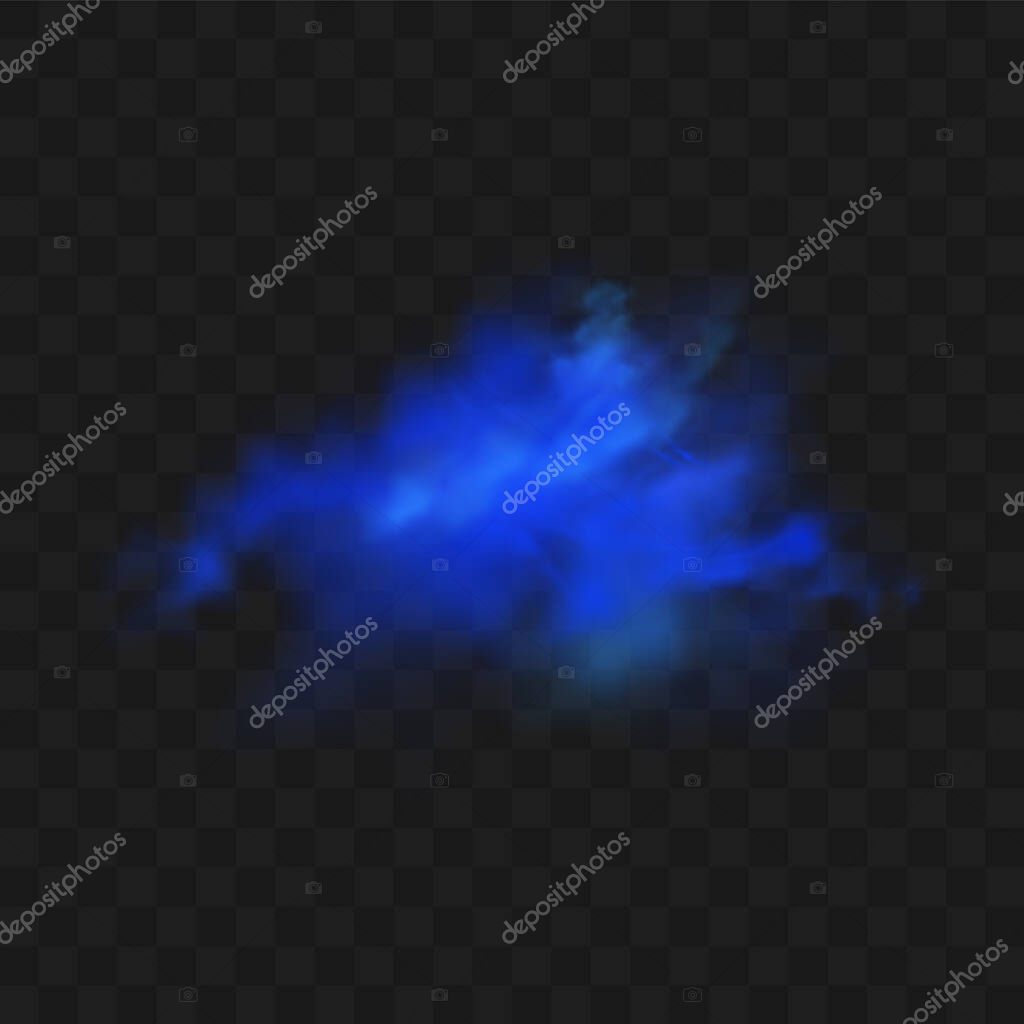 Humo azul aislado sobre fondo transparente oscuro. Nube de niebla ...