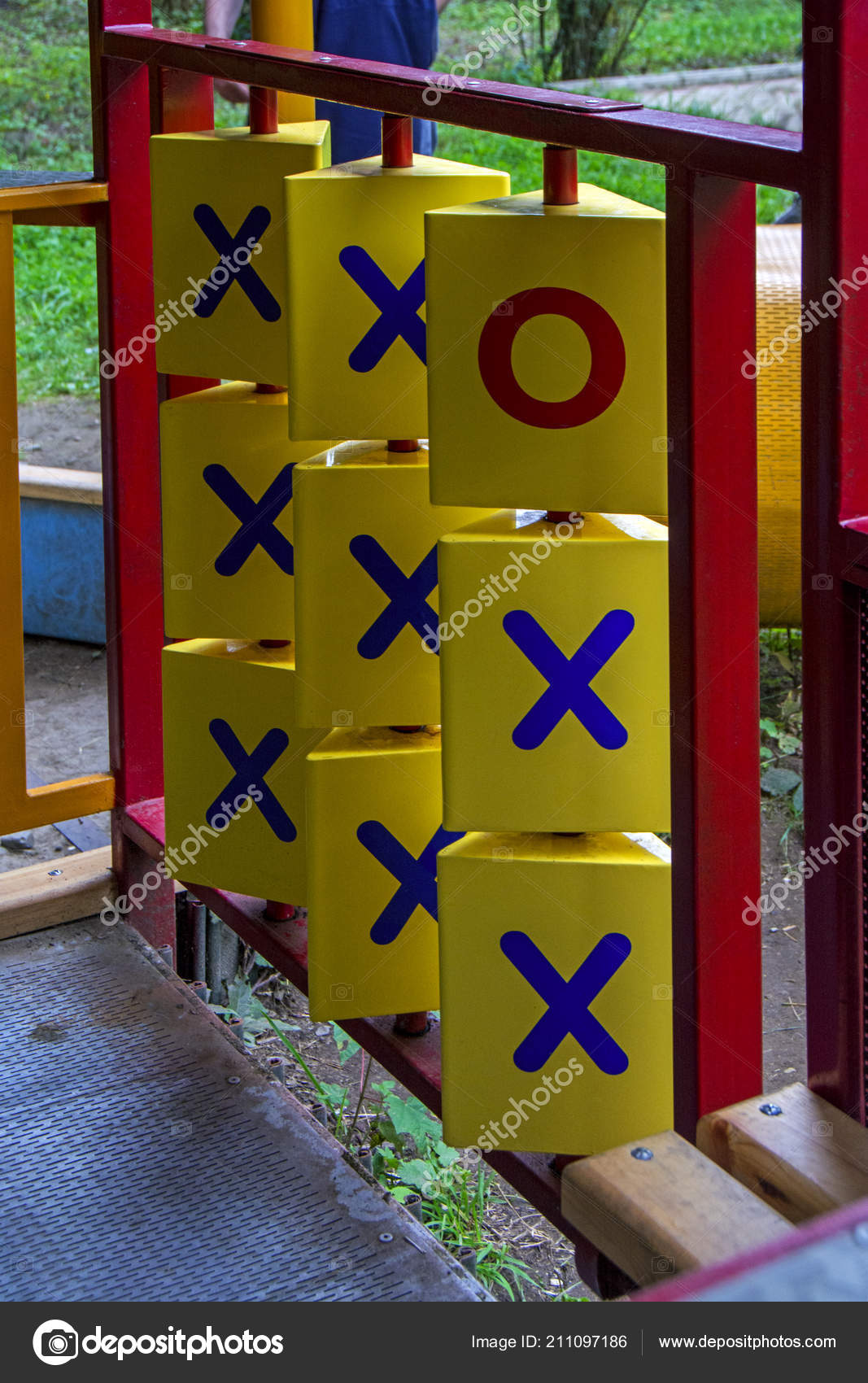 Bright Yellow Triangular Prisms Red Zeros Blue Crosses Game Tic — Stock Photo © artavet #211097186