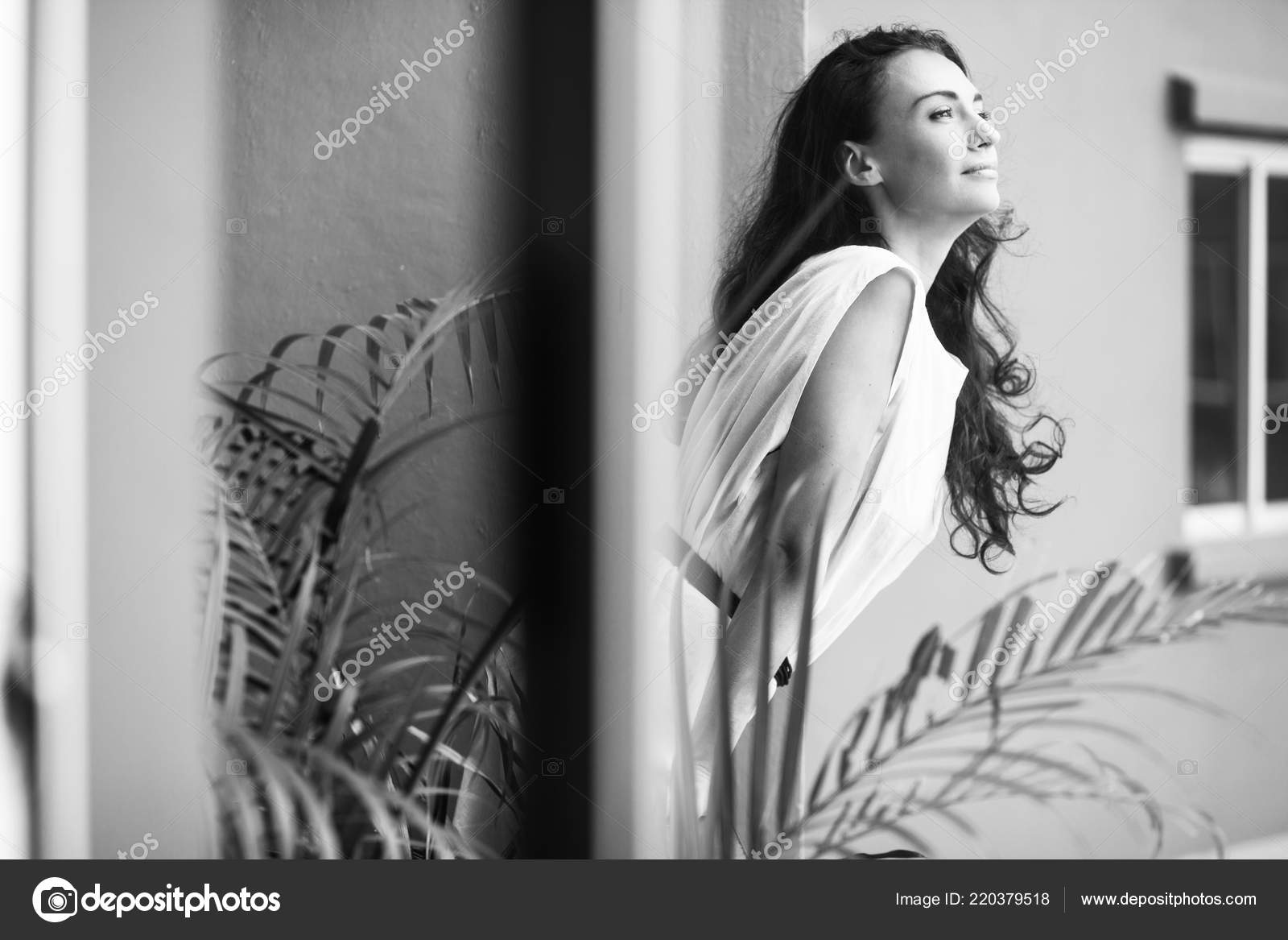 Pretty Woman Leaning Railing While Standing Balcony — Stock Photo ...