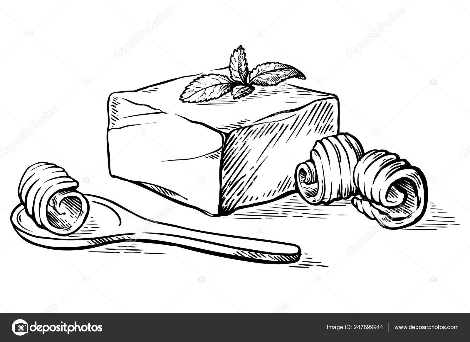 Sketch hand drawn Block of butter and spoon with curl vector Stock ...