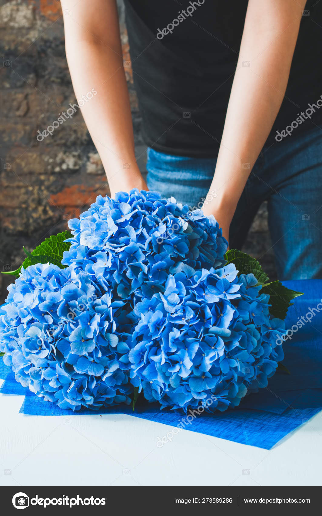 Beautiful bouquet Of blue Hydrangea on table. Stock Photo by ...
