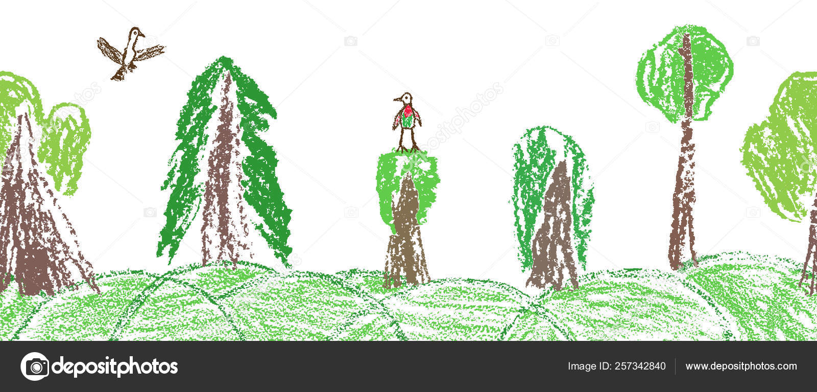 Wax Crayon Child Hand Drawn Forest Tree Set Flaying Bird Stock Vector ...