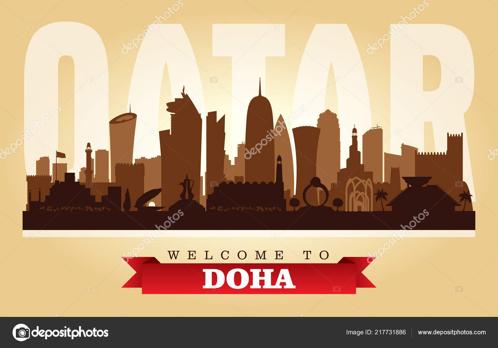 Doha Qatar City Skyline Vector Silhouette Illustration Stock Vector ...