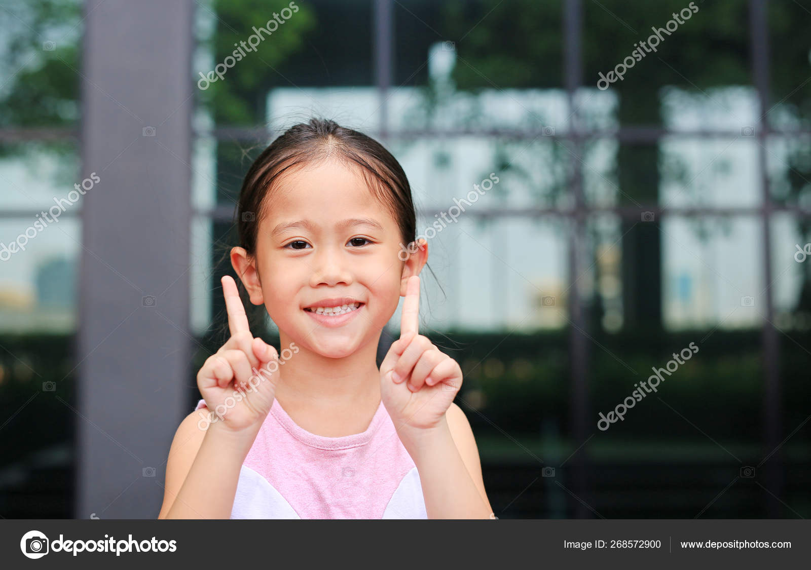 Asian Little Girl Posture Pointing Her Forefinger Little Smile Stock ...