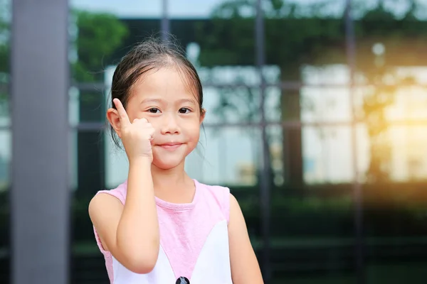 Asian Little Girl Posture Pointing Her Forefinger Little Smile Stock ...