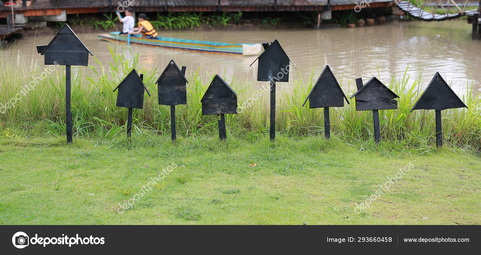 Blank Black Wooden Sign Board Pond Ready Your Text Stock Photo by ...