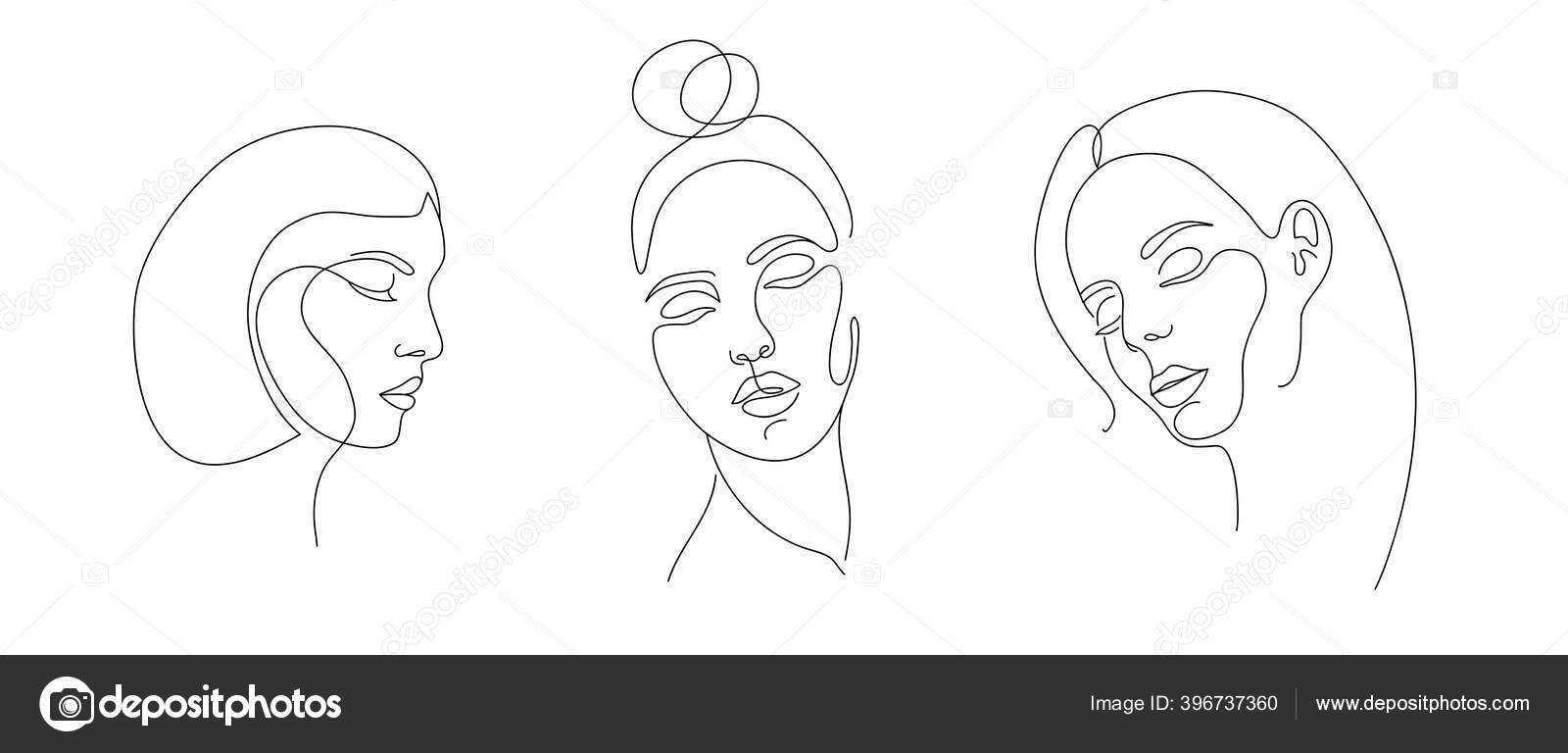Set Stylized Woman Faces Hairstyles Modern Single Line Art Woman Stock ...