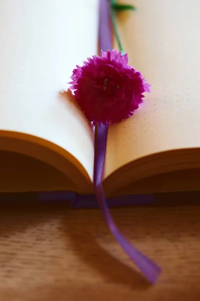 Notebook with violet flowers on a wooden abstract background.Book opens ...
