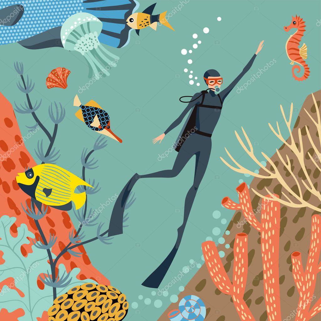 Buceador explora arrecife de coral. Vida marina. Ilustración vectorial ...