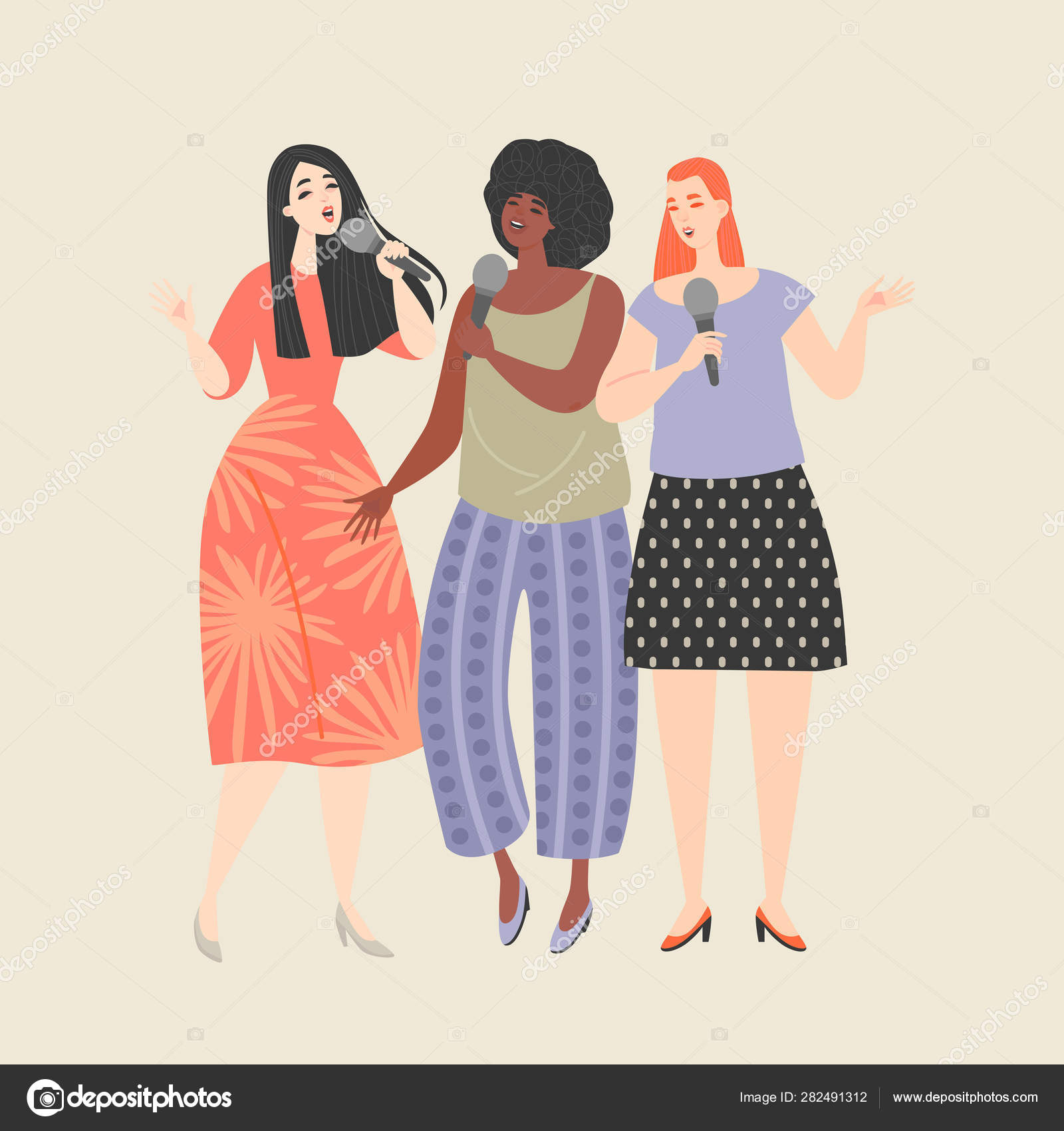 Three young women with microphones singing a song at a karaoke party ...