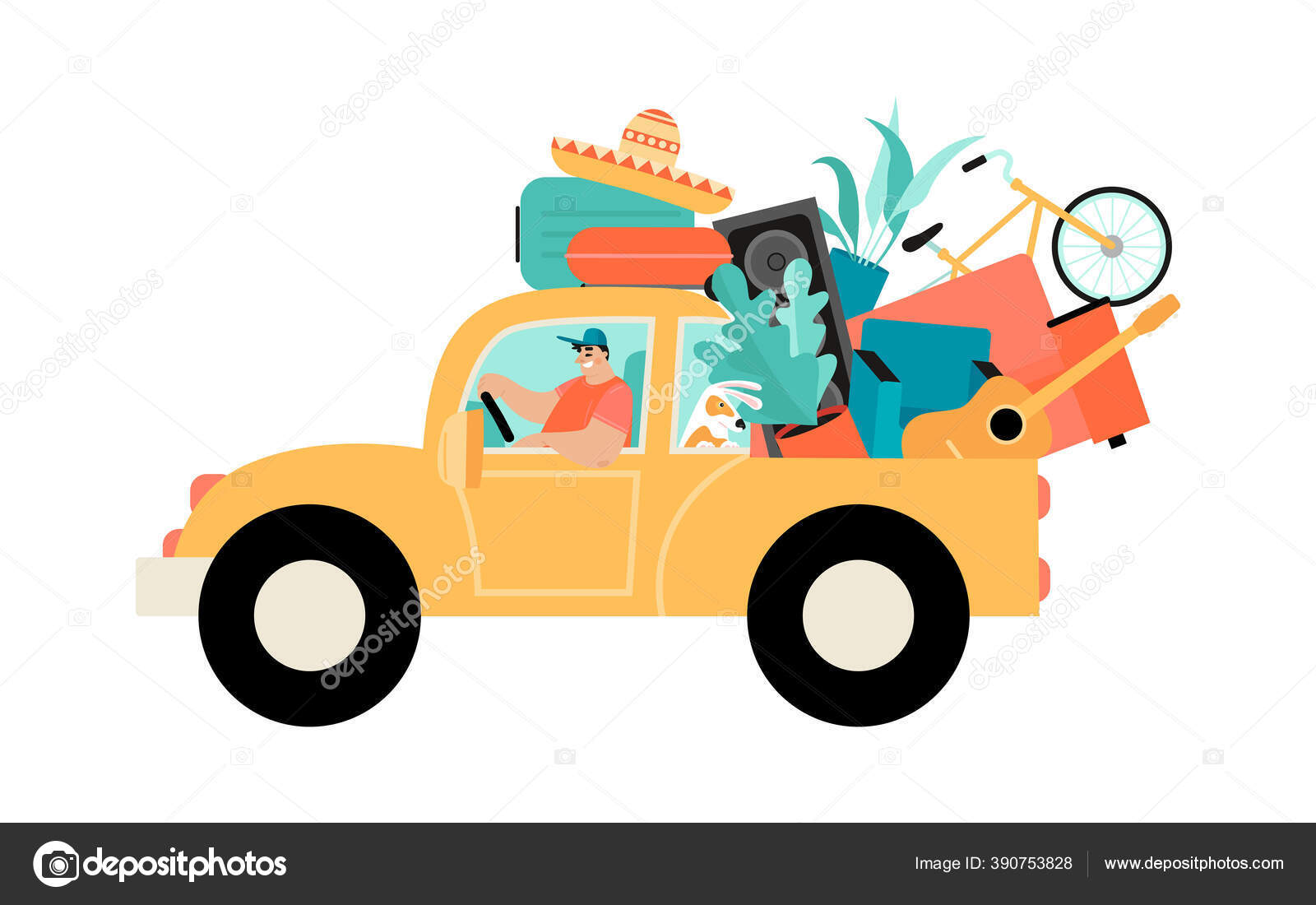Moving New House Conceptual Illustration Man Driving Car Which Carries ...