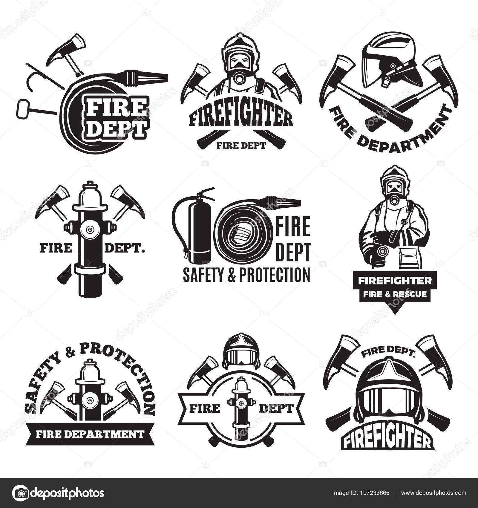 Monochrome labels set for fire department. Pictures of fireman Stock ...