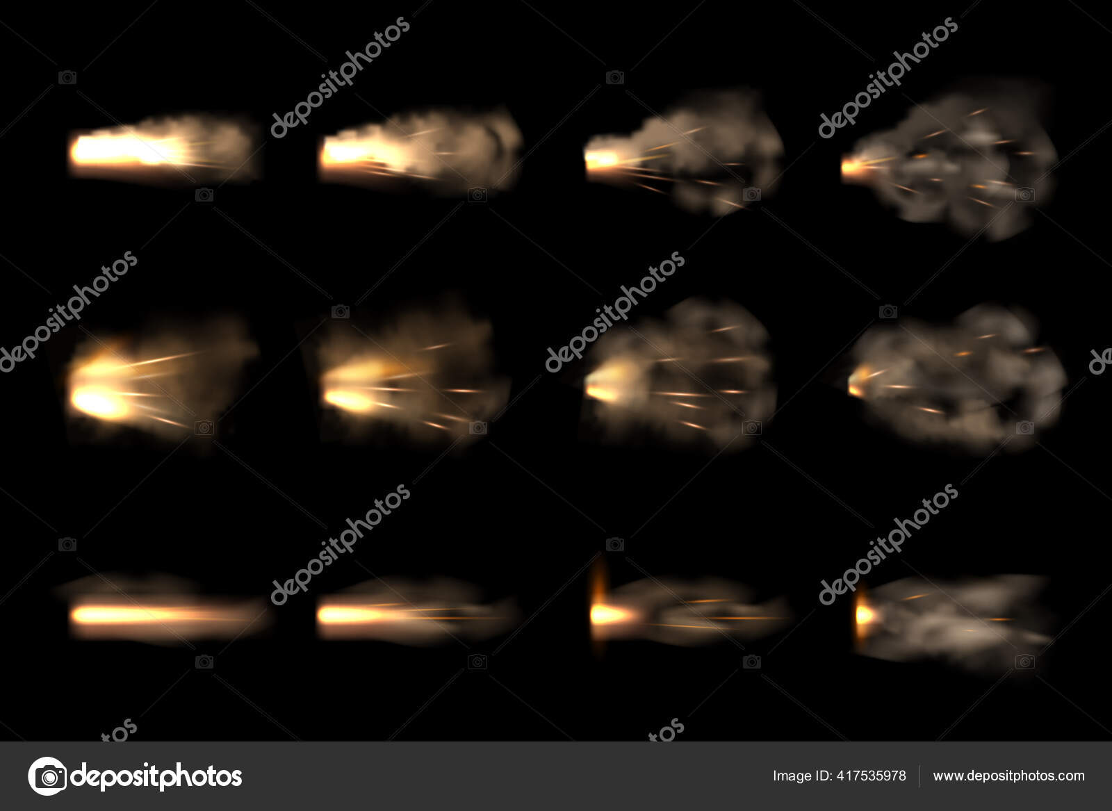 Gun flash. Realistic pistol flame and smoke burst effects vector frame ...