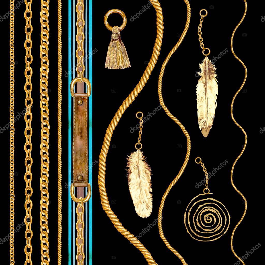 Ilustraci n de patr n sin costura de glamour de cadena dorada. Textura de acuarela con cadenas ...
