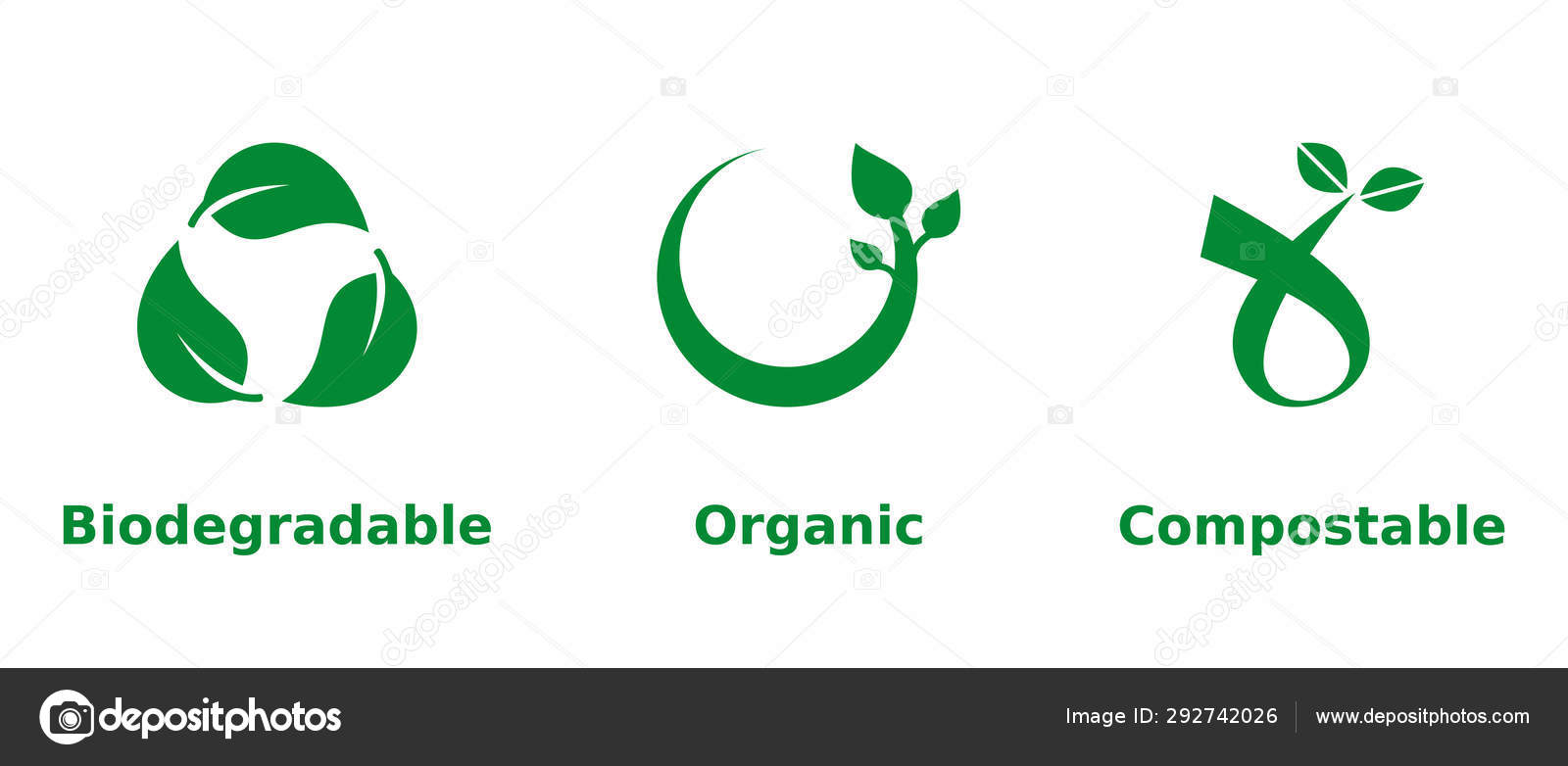 Biodegradable Organic Compostable Icon Set Three Green Eco Friendly ...