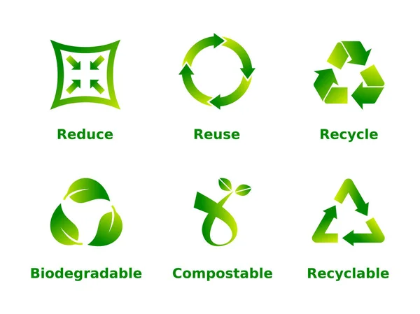 Reduce Reuse Recycle Biodegradable Compostable Recyclable Icon Set Six Recycling Stock Vector ...