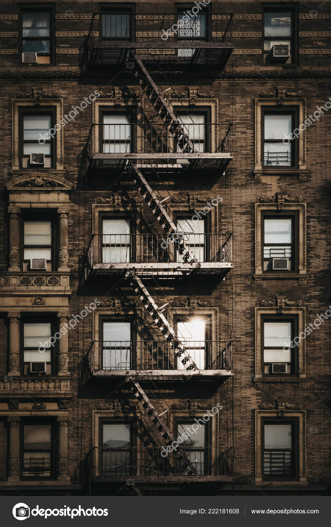 Facade Typical New York Block Flats Fire Escape Front Sun Stock Photo ...