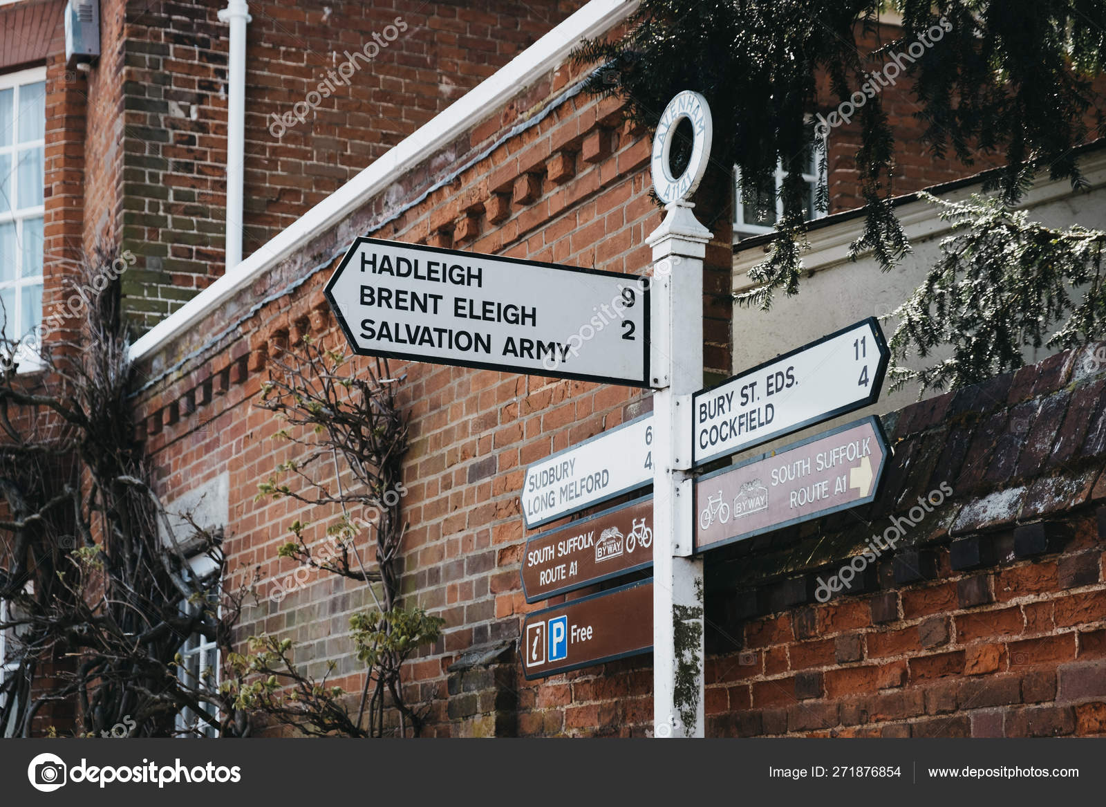 Directional signs on a street in Lavenham, Suffolk, England, UK ...