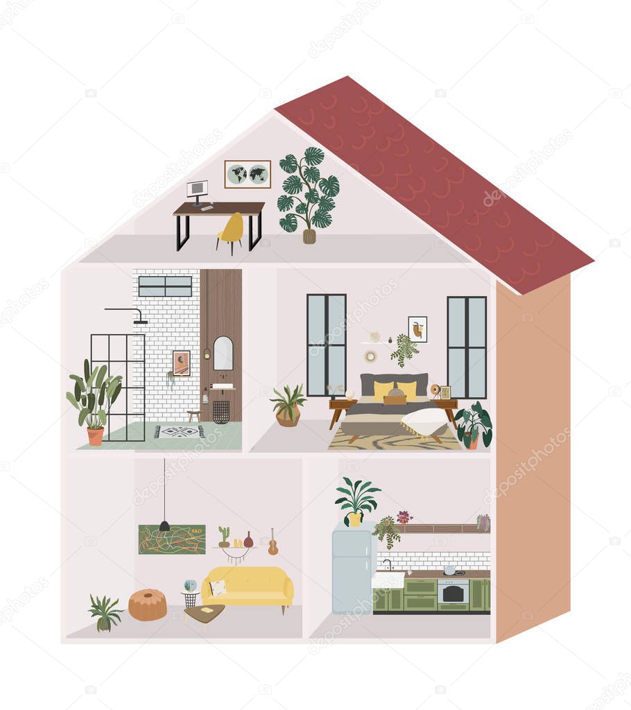 Ilustración de vector de estilo plano. Casa en corte. Interior de la ...
