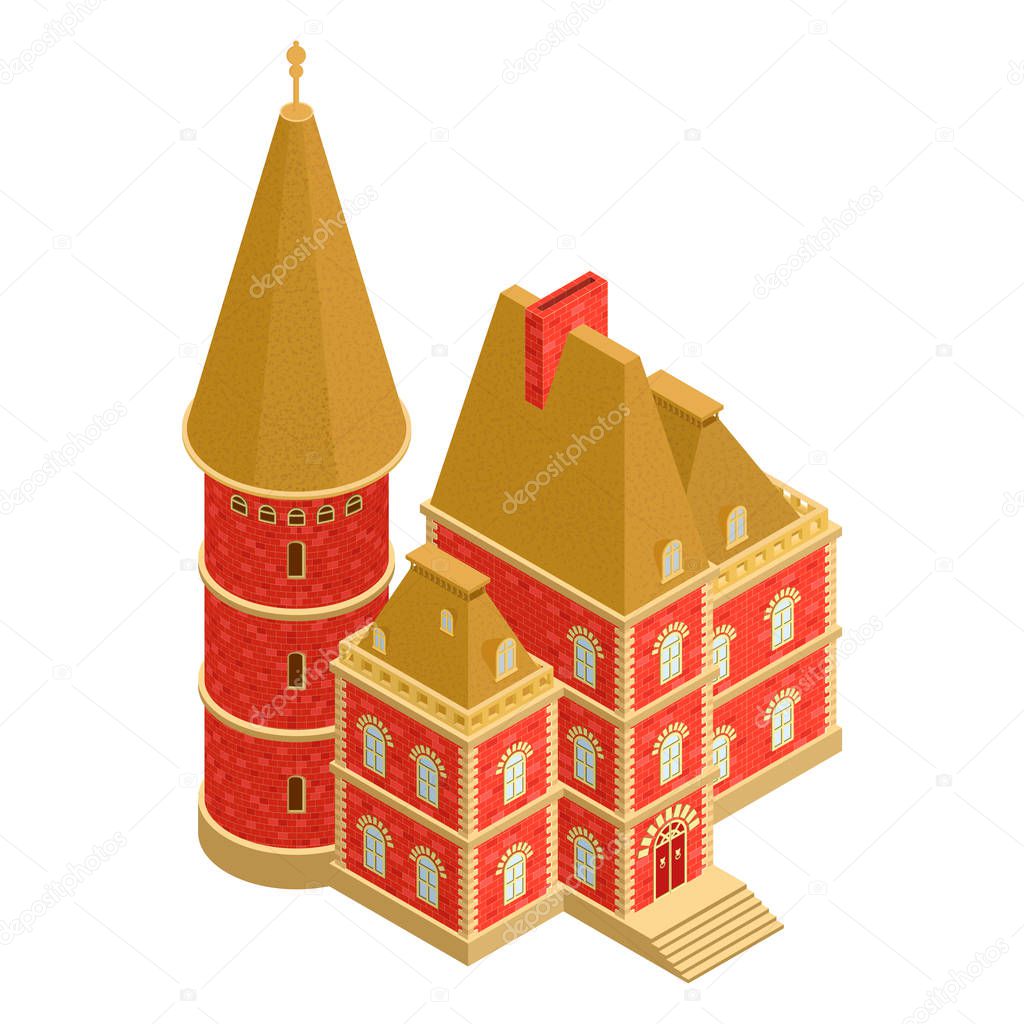 Castillo con una torre de ladrillo rojo. Para paisajes, juegos.Vista isom trica. 2024