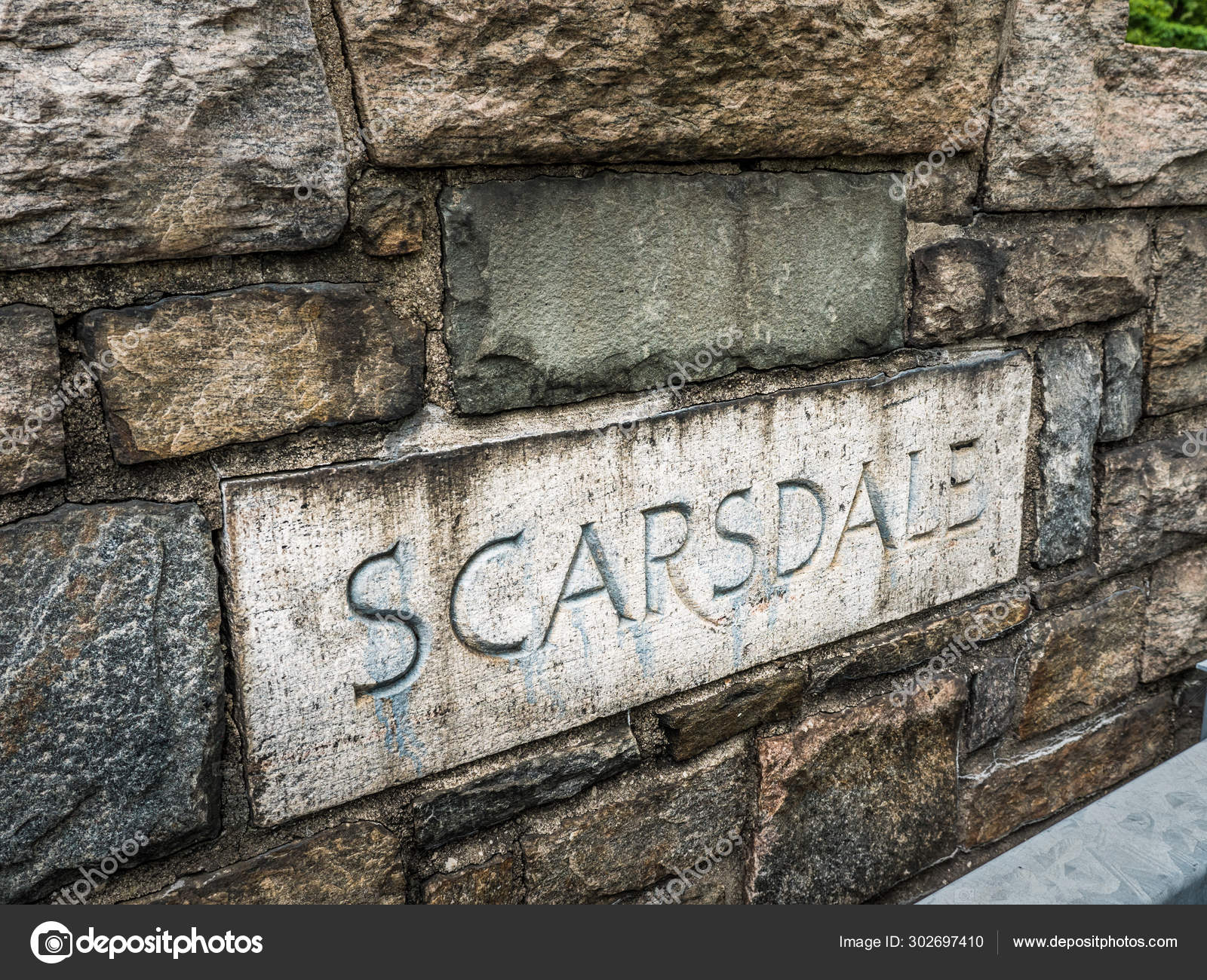 Sign Reading Scarsdale Letters Engraved Limestone Stone Wall Stair ...