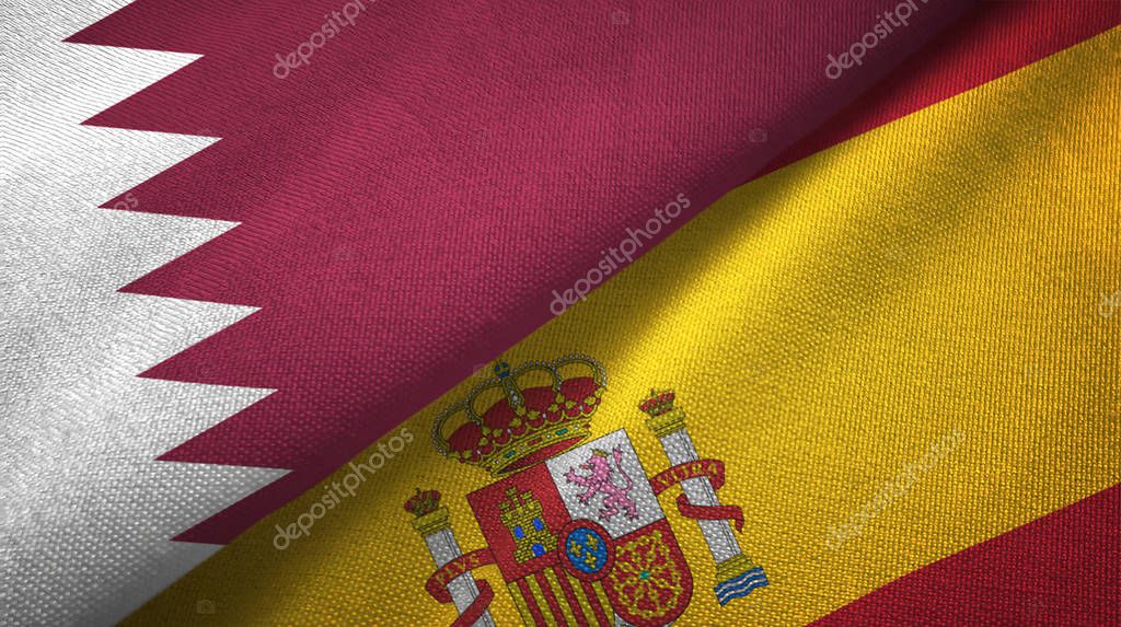 Qatar y España dos banderas tela textil, textura de la tela 2023